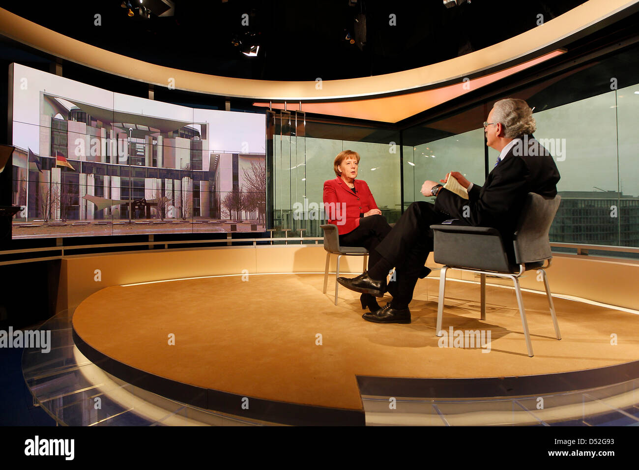 TV presenter Ulrich Deppendorf interviews German Chancellor Angela ...