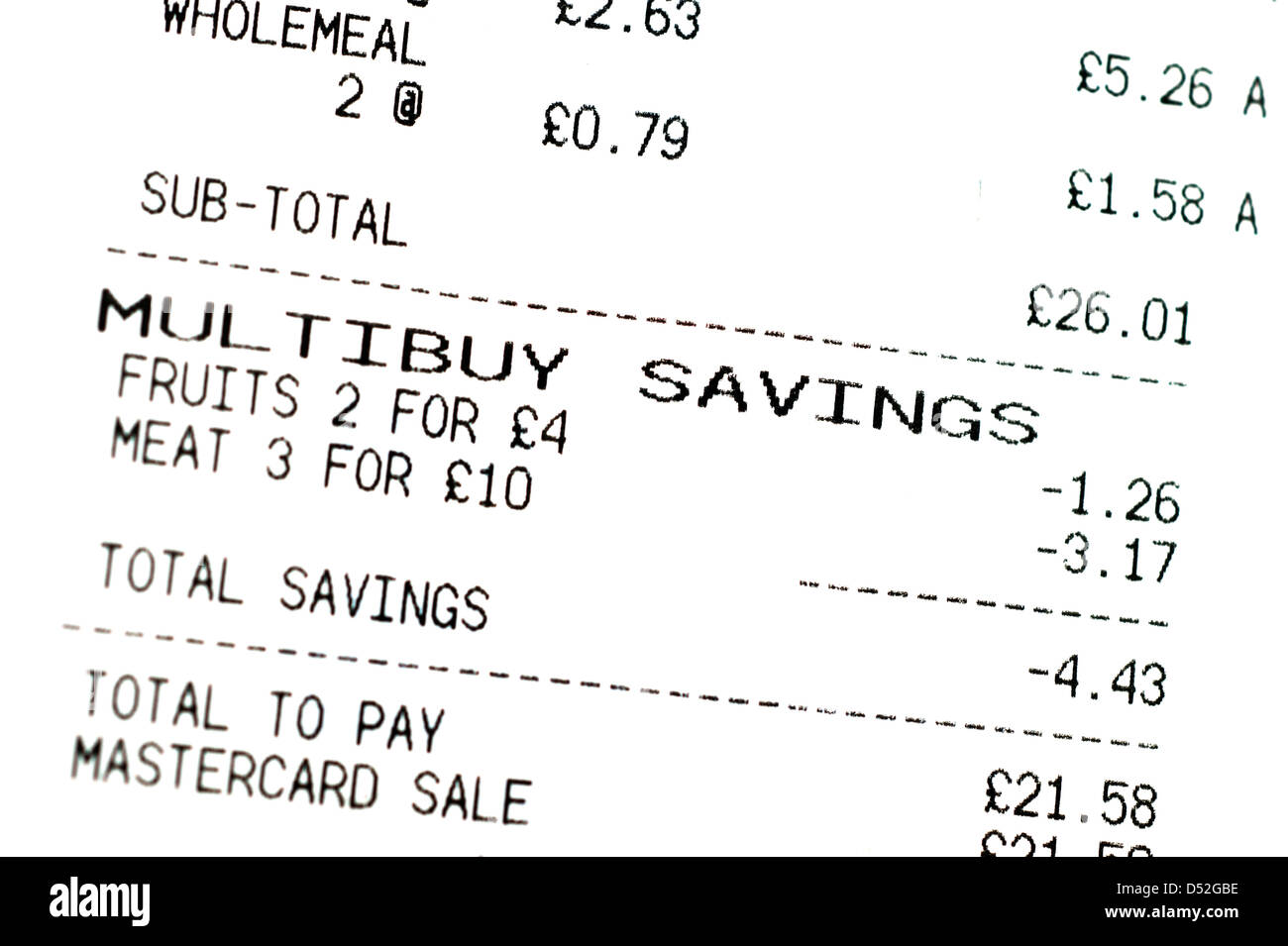Supermarket shopping bill till receipt showing multi buy savings ...