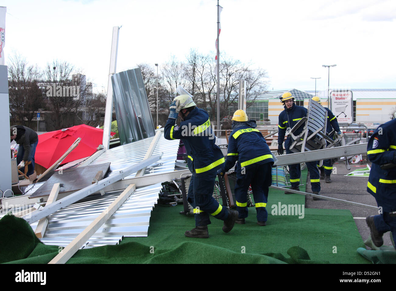 A destroyed tent in front of a furniture store pictured in Karlsruhe ...