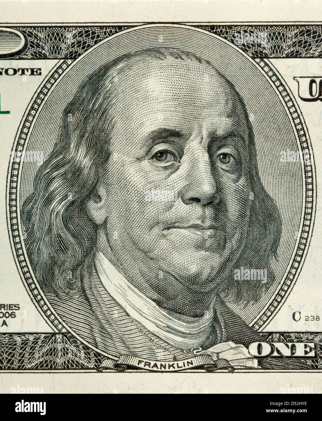 Portrait of Benjamin Franklin macro from one hundred dollars bill Stock ...