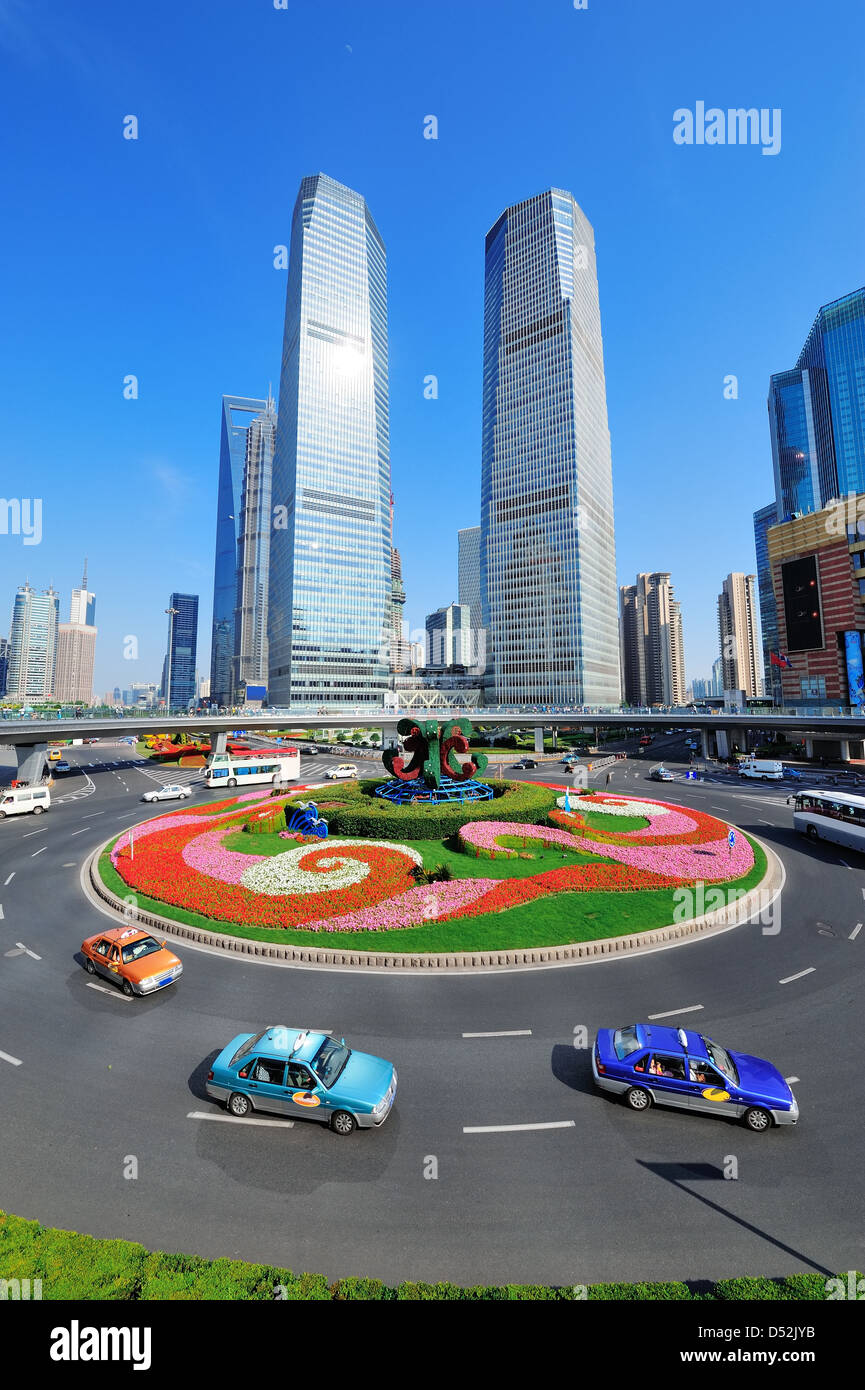 Shanghai street view with skyscrapers, roundabout and blue sky Stock ...