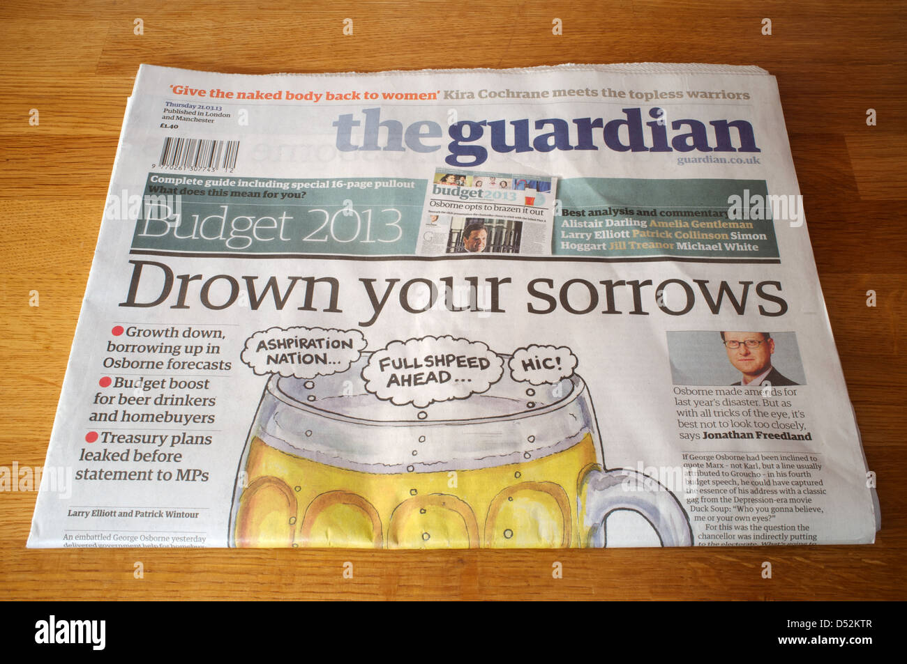 The Guardian newspaper from 21.03.2013 the day after the budget Stock ...