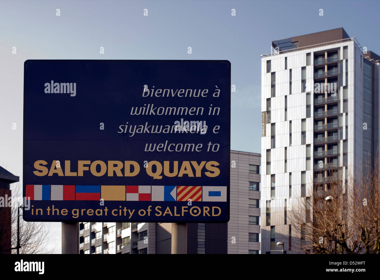 Welcome to Salford Quays Sign Stock Photo - Alamy