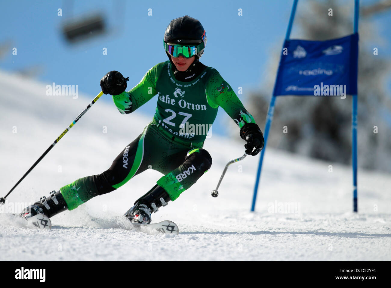An alpine skier turning at a gate during a giant slalom race Stock ...