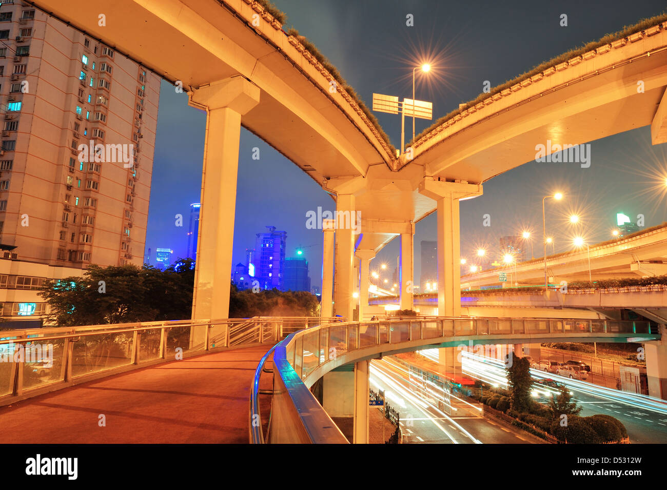 Highway bridge in Shanghai with busy traffic at night Stock Photo - Alamy