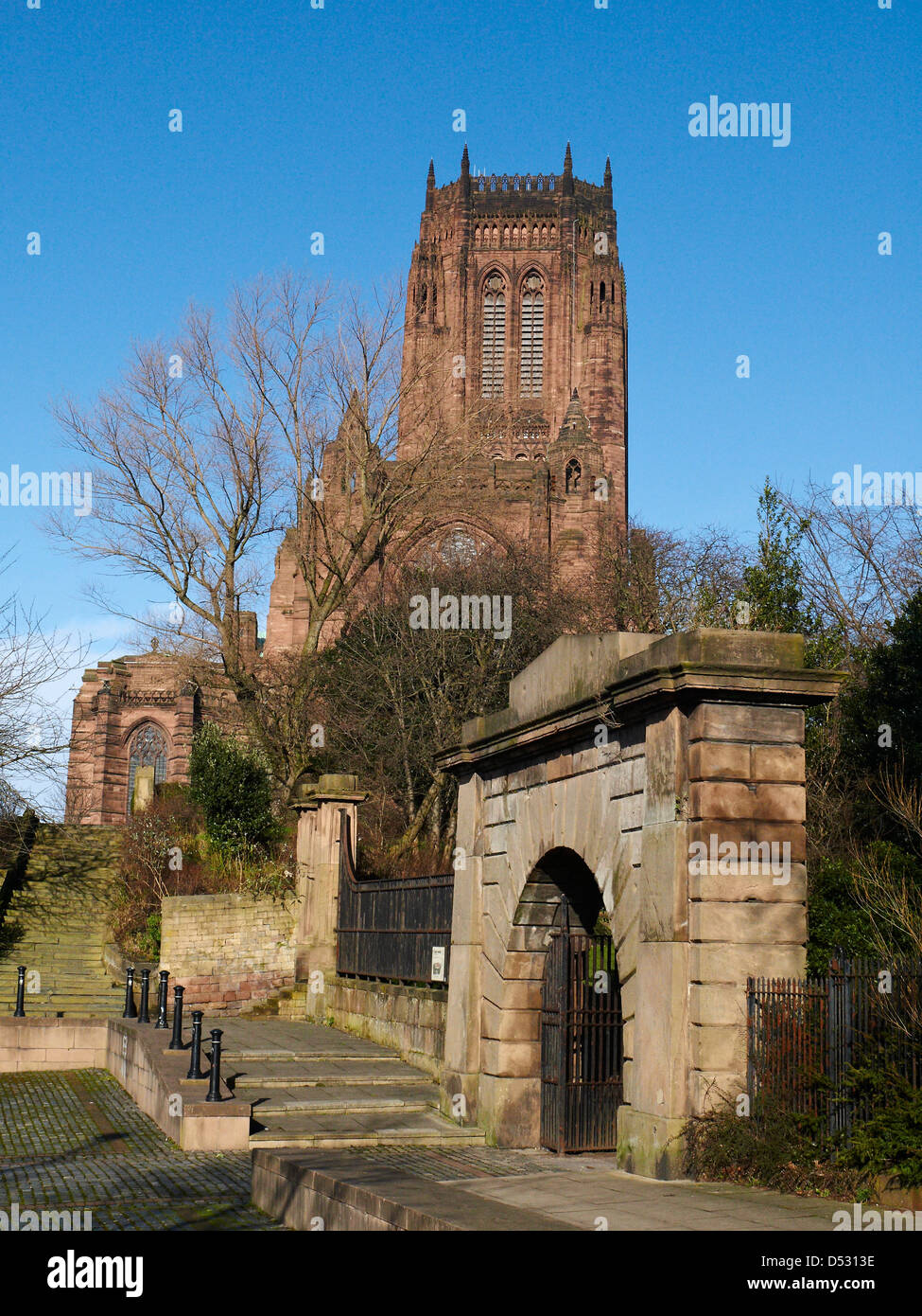 Anglican cathedral with entrance to St James Gardens in Liverpool UK ...