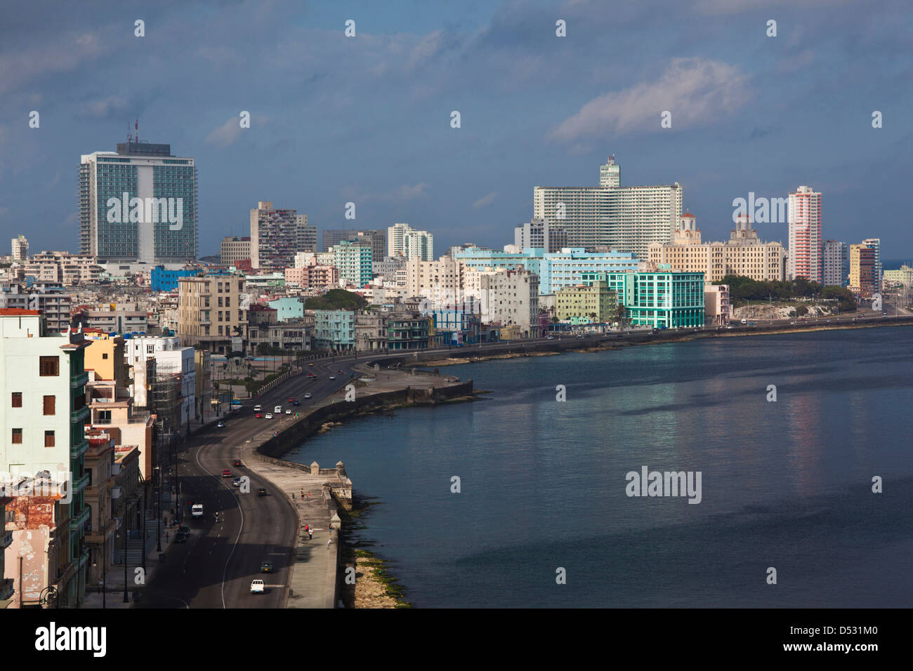 Cuba, Havana, Vedado, elevated view of buildings along the Malecon ...