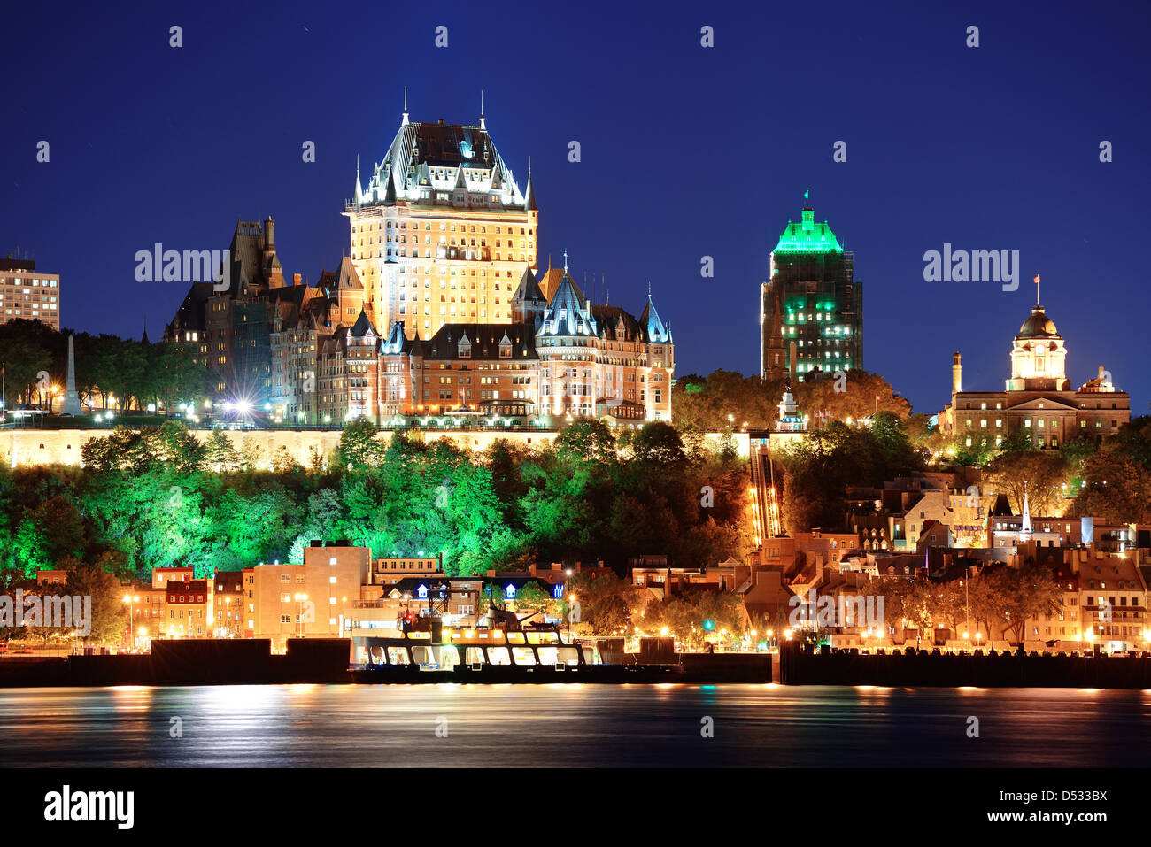 Quebec City skyline at dusk over river viewed from Levis Stock Photo ...