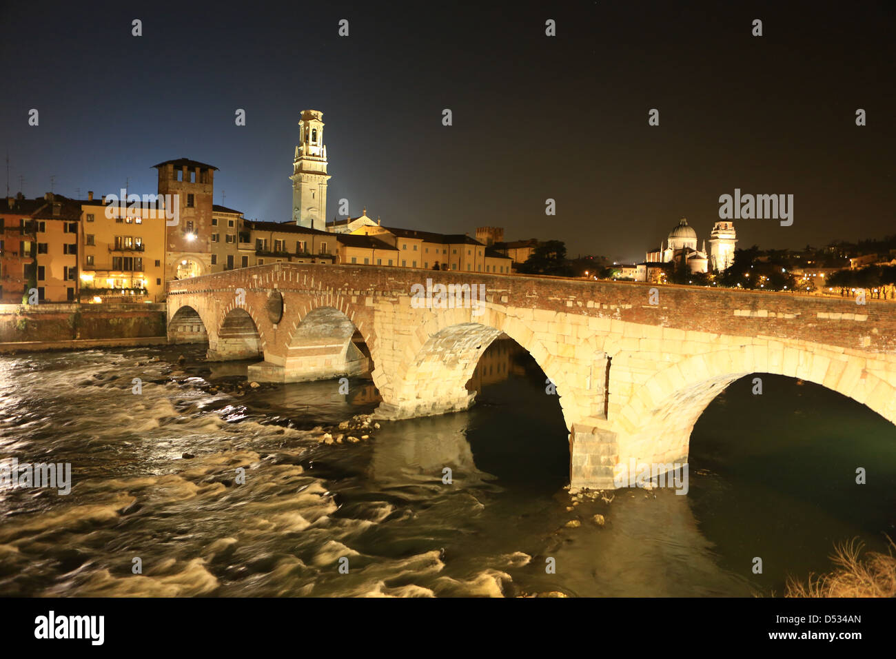 Night cityscape with old bridge and Tower Stock Photo - Alamy