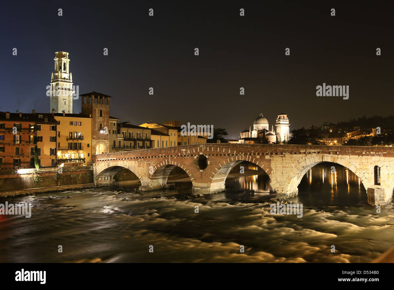 Night cityscape with old bridge and Tower Stock Photo - Alamy