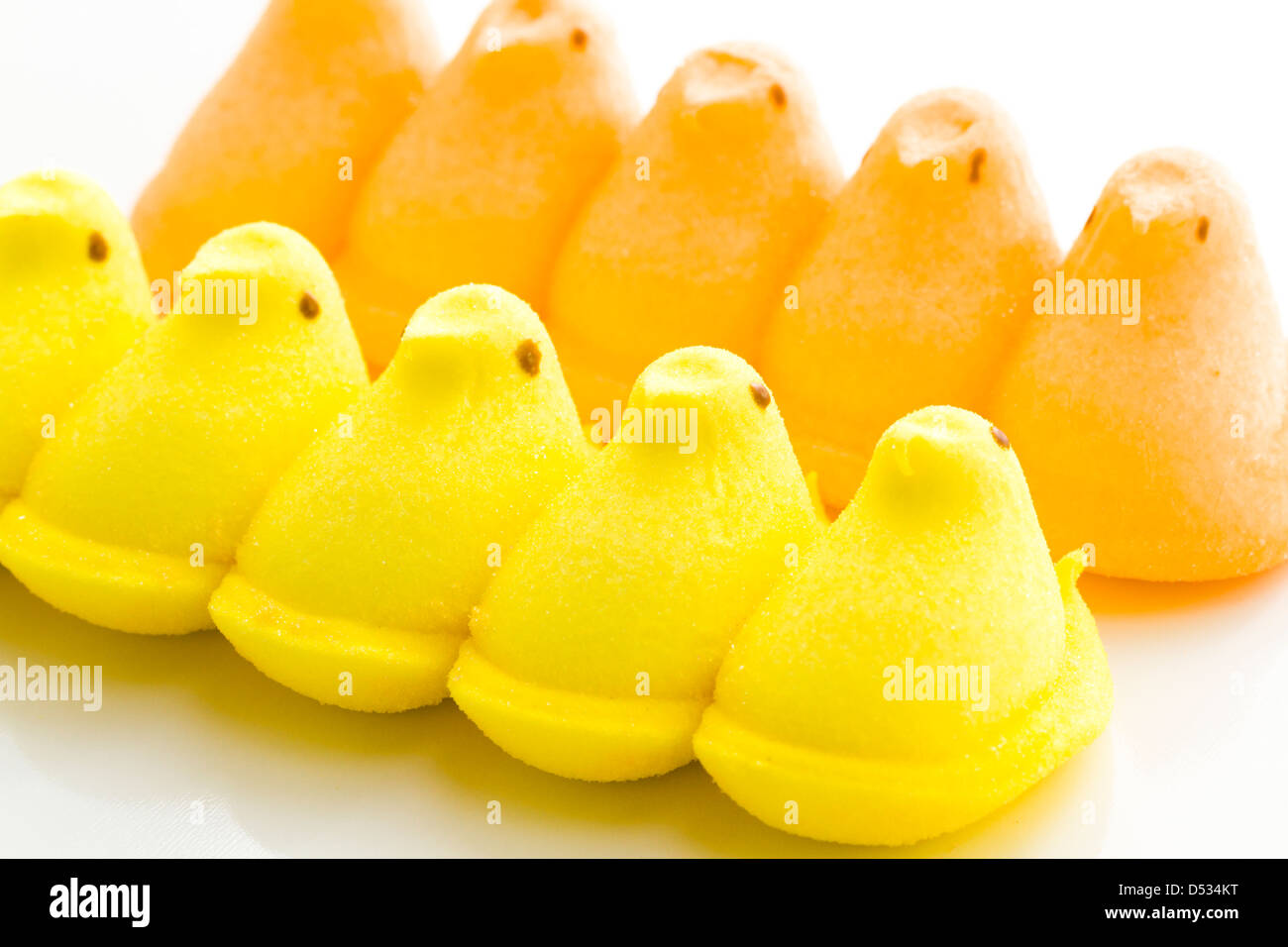 Marshmallow chicks for Easter on a white background Stock Photo - Alamy
