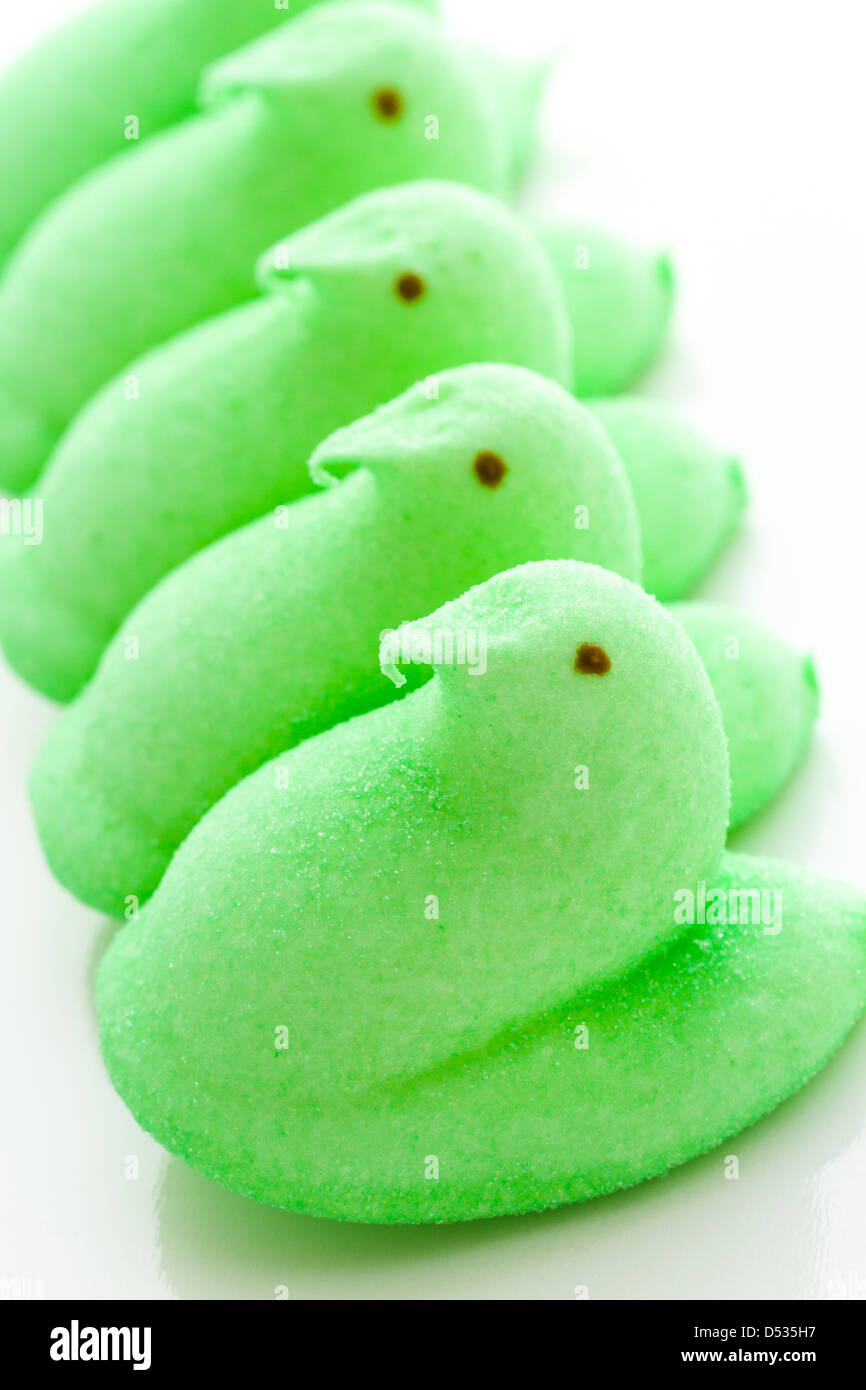 Marshmallow chicks for Easter on a white background Stock Photo - Alamy
