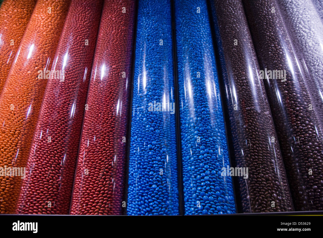 M&Ms sweets in plastic dispenser tubes in the M&M shop in New York ...
