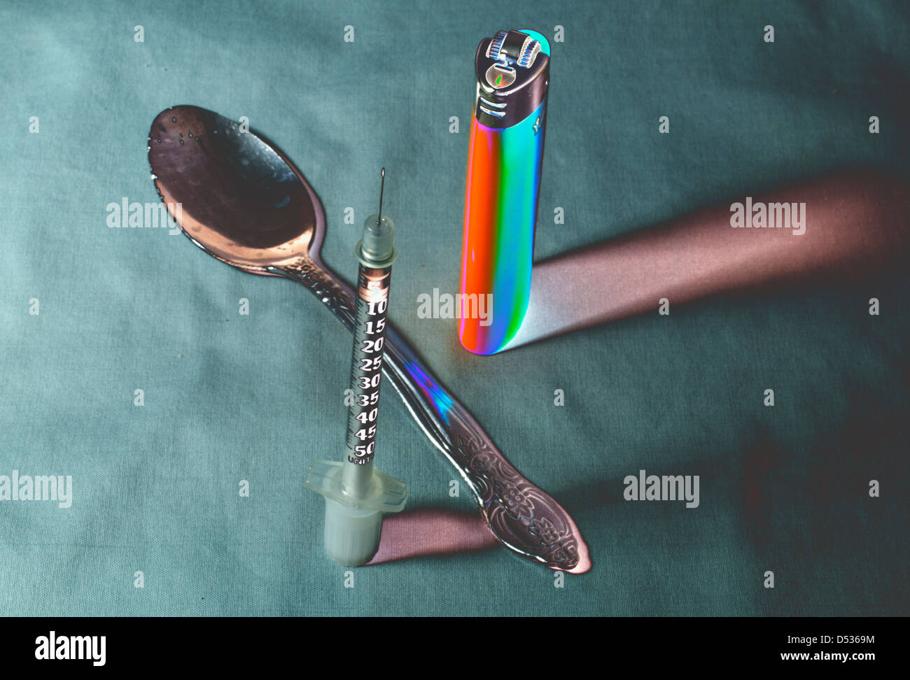 A digitally altered syringe, spoon and lighter Stock Photo - Alamy