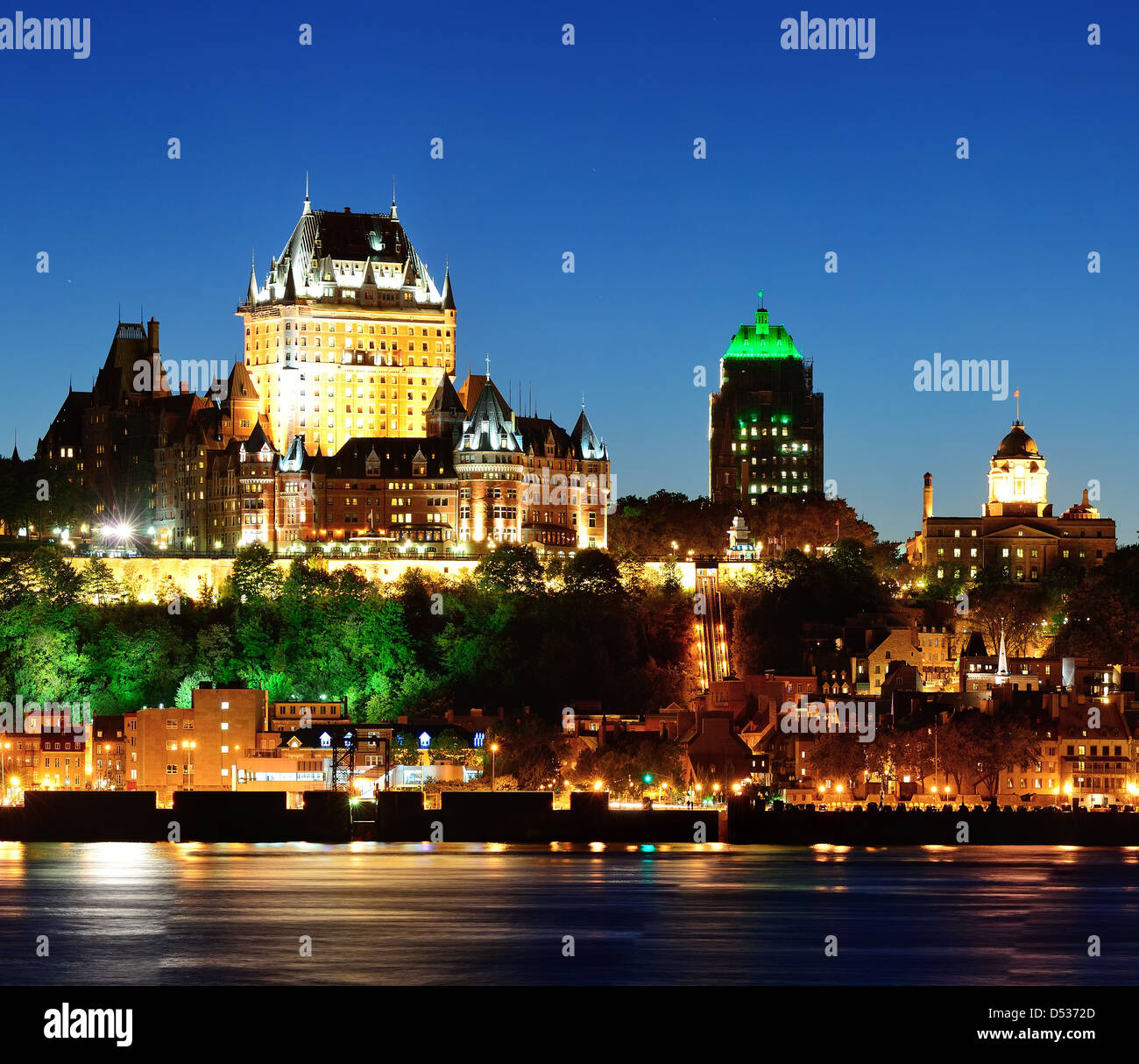 Quebec City skyline at dusk over river viewed from Levis Stock Photo ...