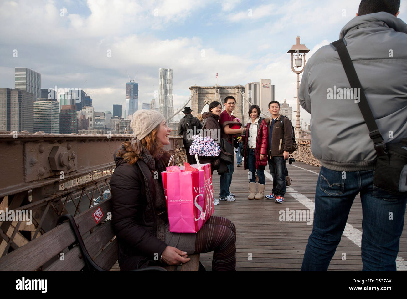 New York City, United States, people on the Brooklyn Bridge Stock Photo ...