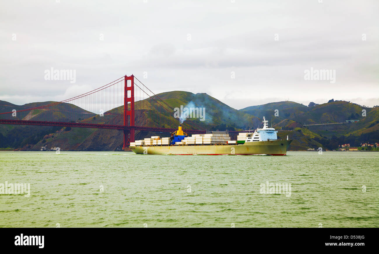 Ocean vessel nearing Golden Gates bridge in San Francisco in the ...