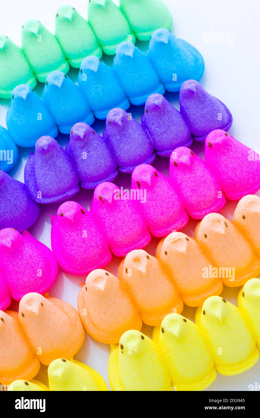 Marshmallow chicks for Easter on a white background Stock Photo - Alamy