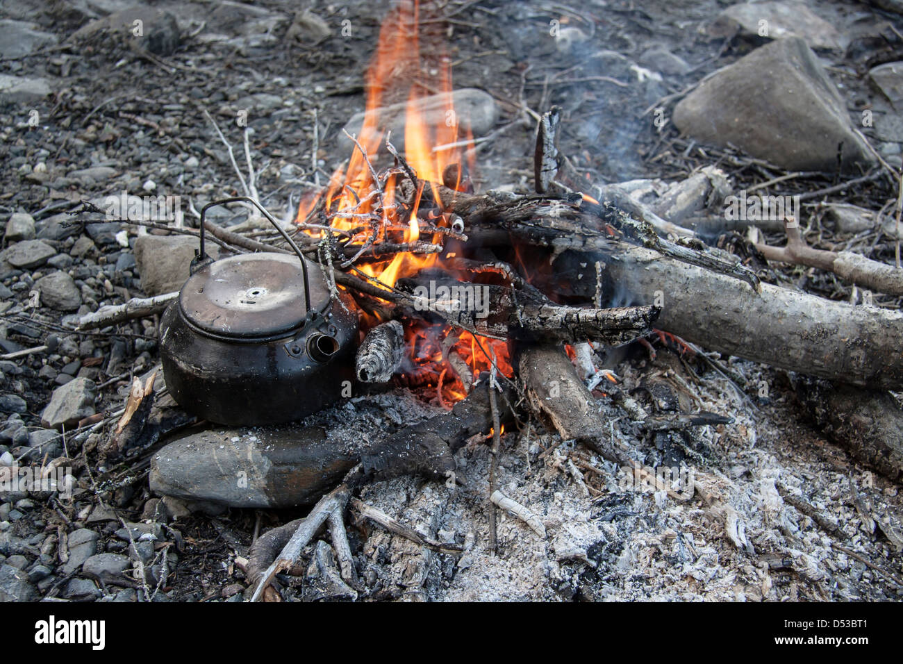 Camp fire in wild mountain Stock Photo - Alamy