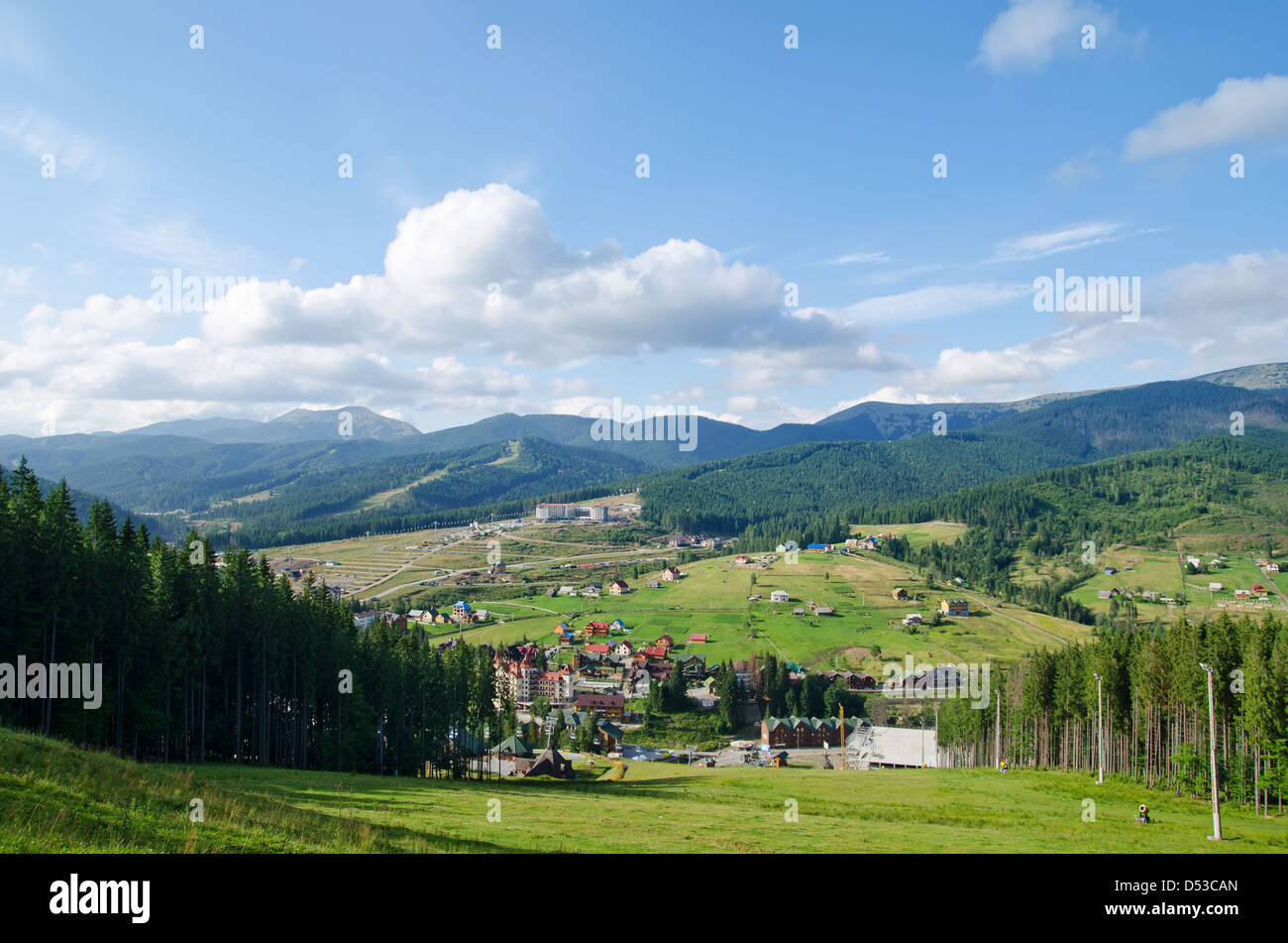 Beautiful green mountain landscape with trees in Carpathians. Bukovel ...