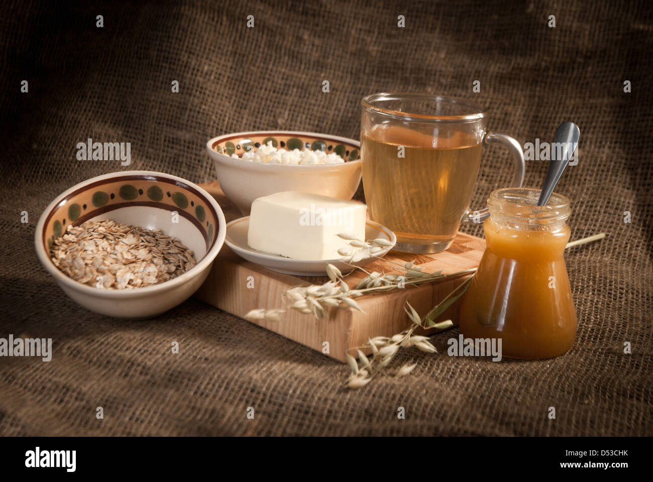 healthy meal with bread,tea and cereals Stock Photo - Alamy