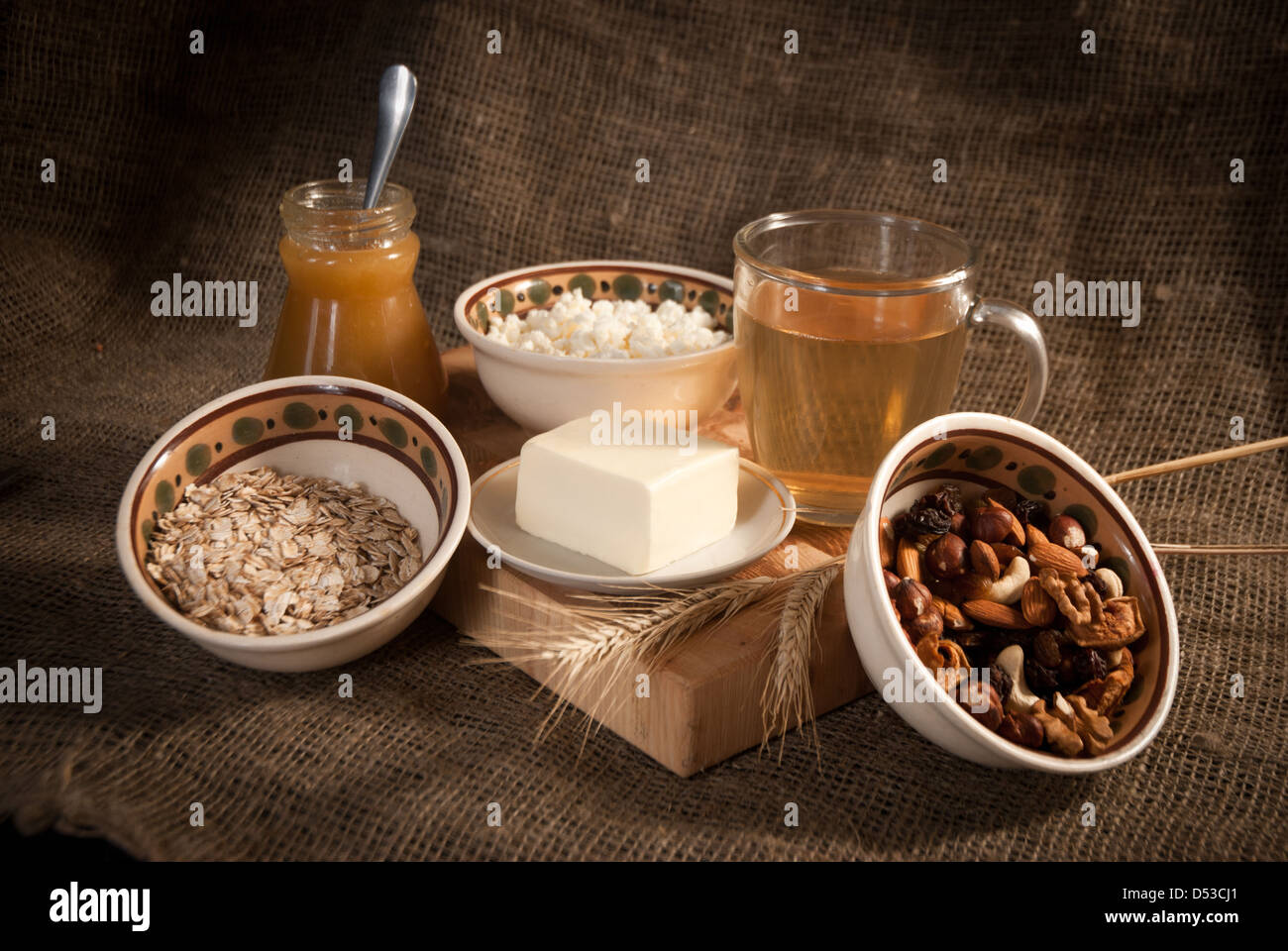 healthy meal with bread,tea and cereals Stock Photo - Alamy