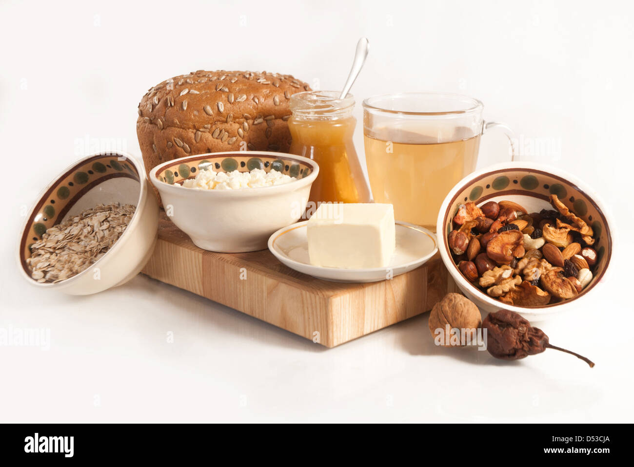 healthy meal with bread,tea and cereals Stock Photo - Alamy