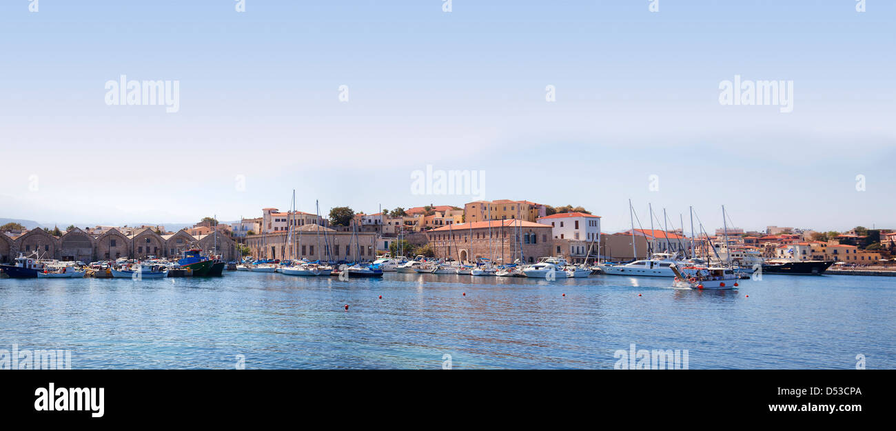 A panoramic view of the cretan sea and greek port of Chania on the ...