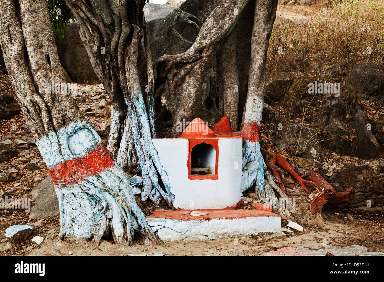 Small shrine under a tree, Mount Abu, Sirohi District, Rajasthan, India ...