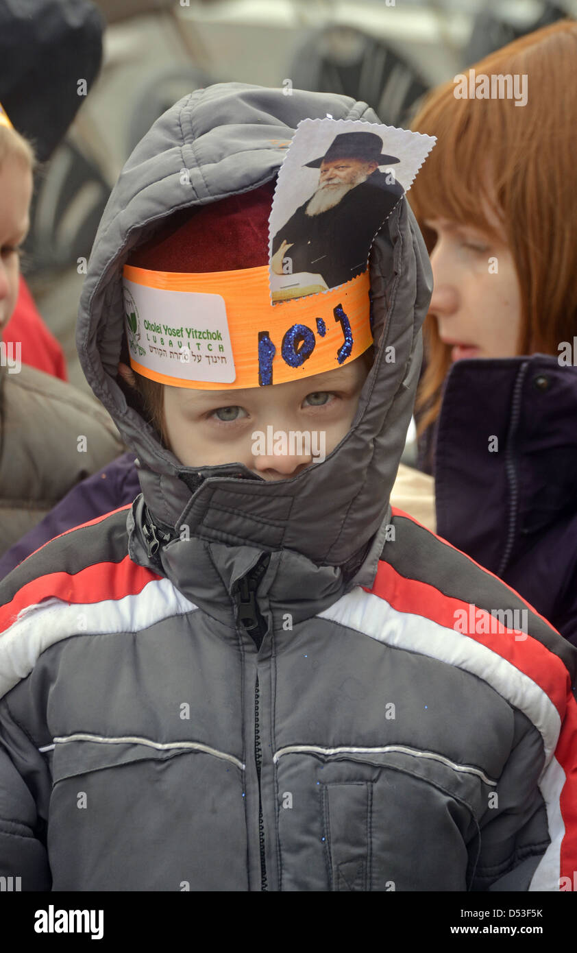 A young religious Jewish boys at a rally celebrating the Lubavitcher ...