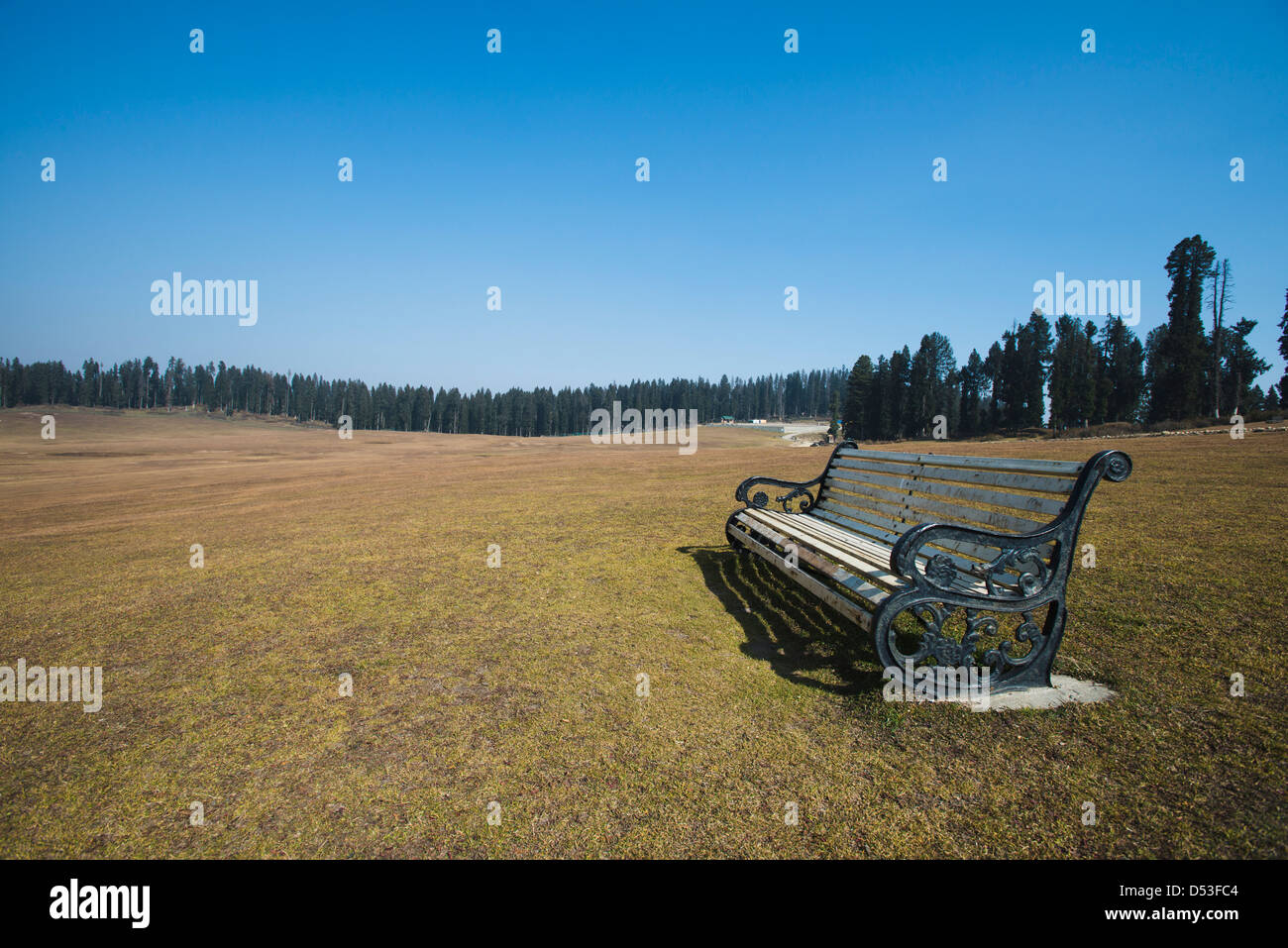 Empty bench in a park, Kashmir, Jammu And Kashmir, India Stock Photo ...