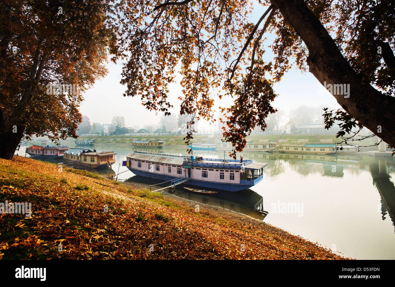 Boats in the river, Jhelum River, Srinagar, Jammu And Kashmir, India ...