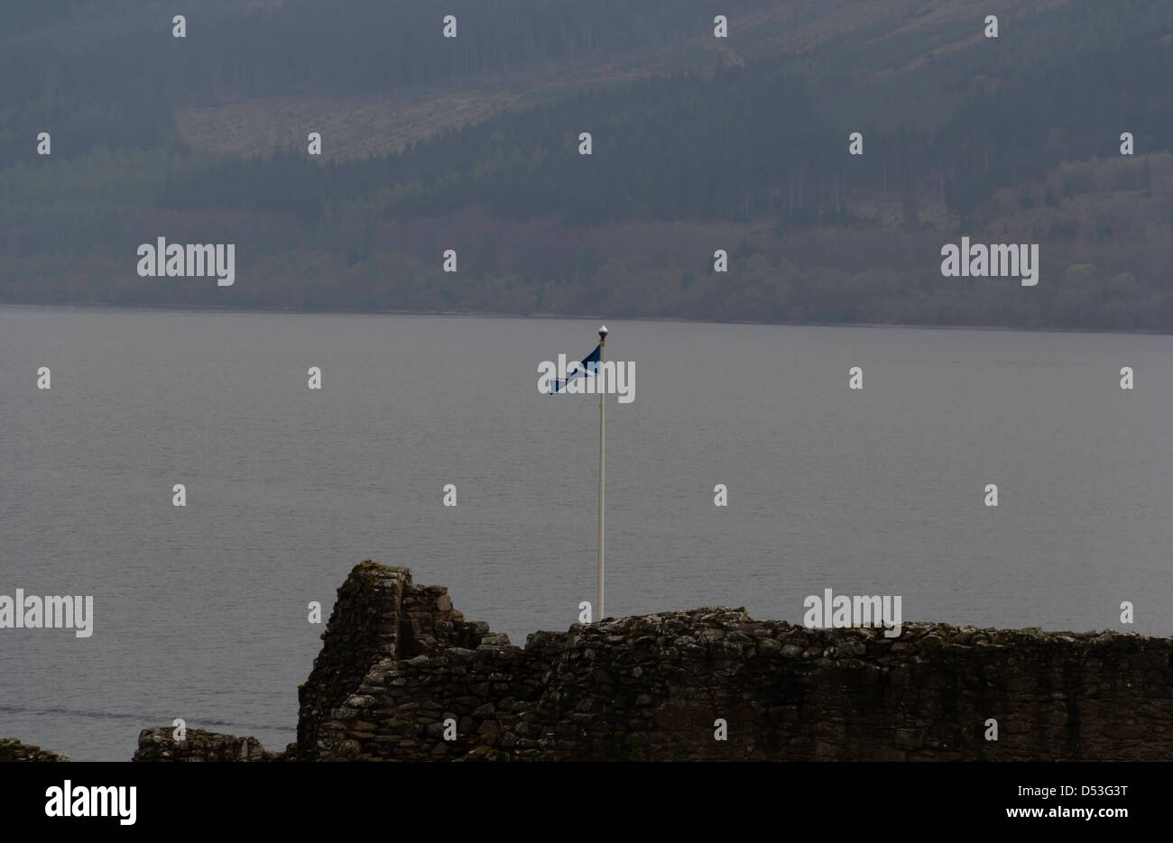Scottish flag, Saltire, flying high over the remains of Urquhart Castle ...