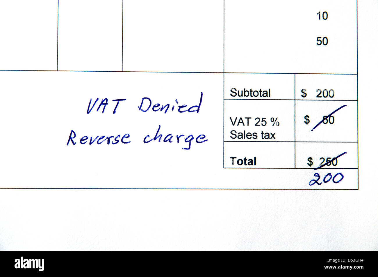 Detail from an invoice with the total amount changed because incorrect ...