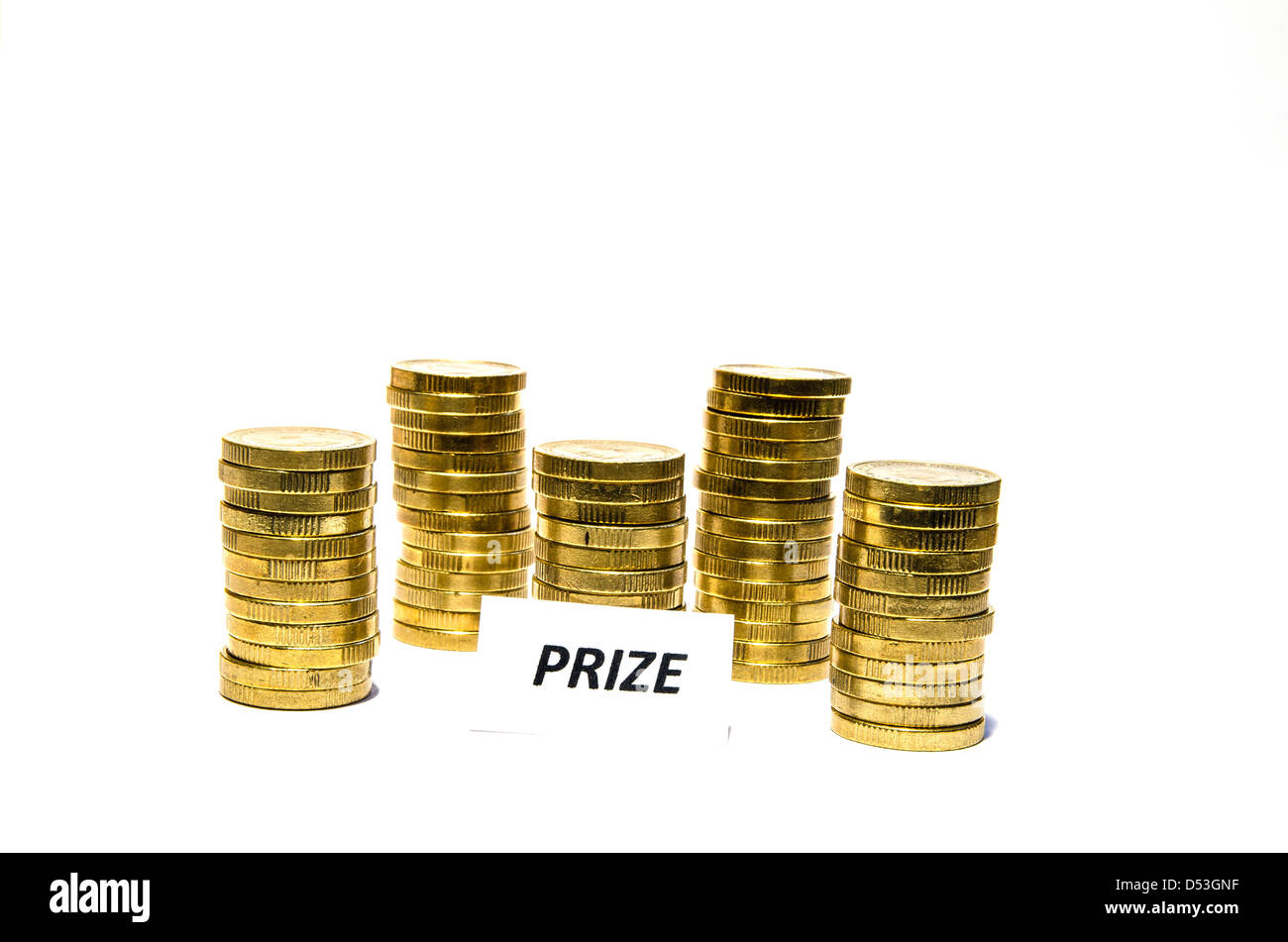 Signs with prize in front of golden coin piles Stock Photo - Alamy
