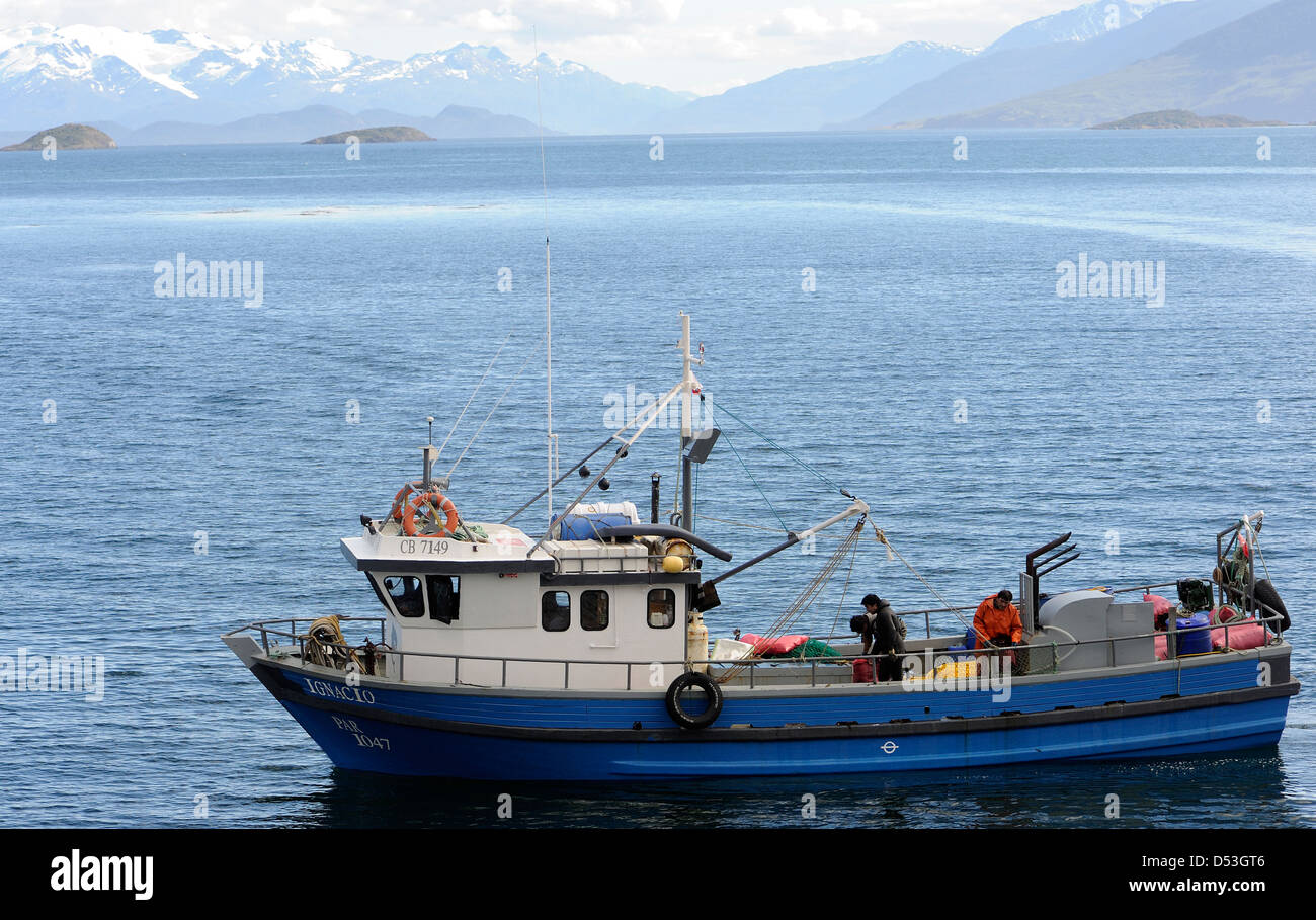 A prawn fishing boat in Wulaia Bay. Bahia Wulaia, Isla Navarino, Murray ...