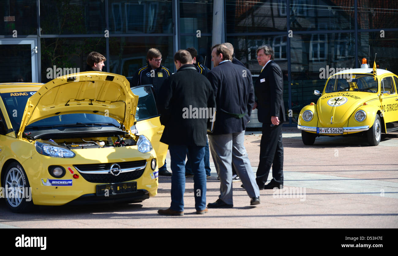 Vehicles of German automobile club ADAC decorate the area in front of ...