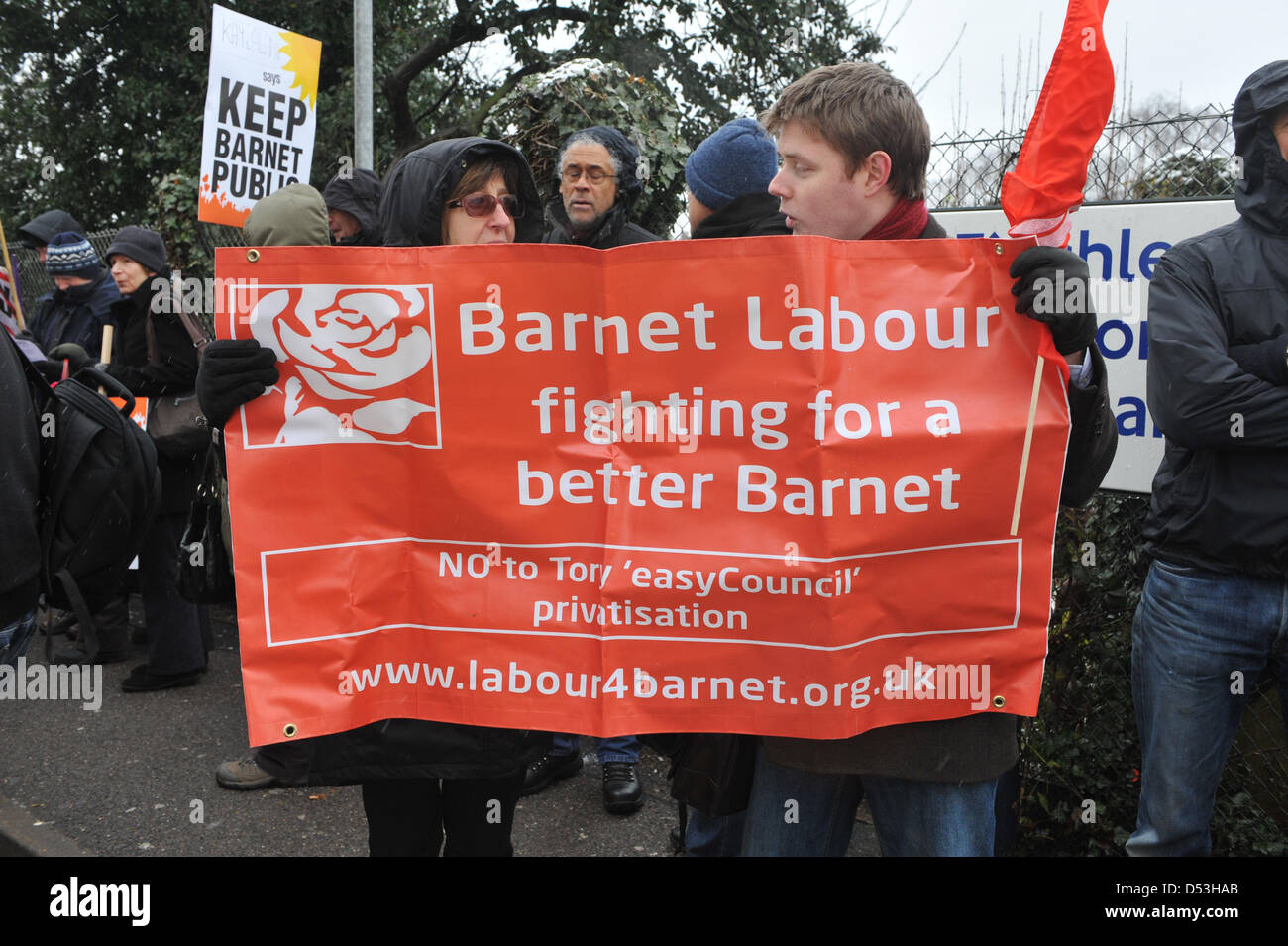 Barnet, London, UK. 23rd March 2013. Protesters with banners and ...