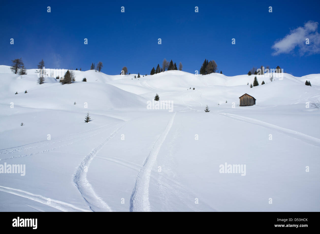 Fresh snow at the Alta Badia ski resort in the Dolomites, South Tyrol ...