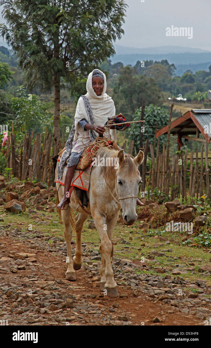 Woman with traditional dress riding donkey in the Jimma region of ...