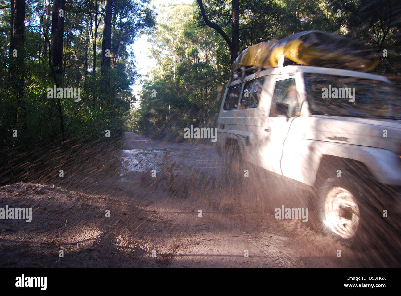 Backpackers driving a Jeep through muddy puddles, on Fraser Island ...