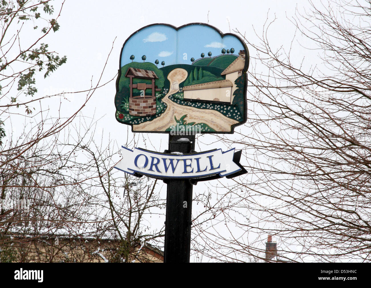 Cambridgeshire, UK. 23rd March 2013. Orwell village sign - With ...