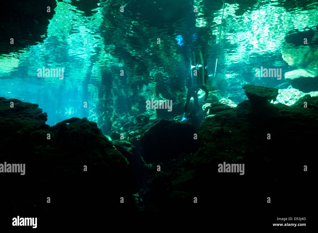 Cenote cave, rock formation underwater with ambient light and ...