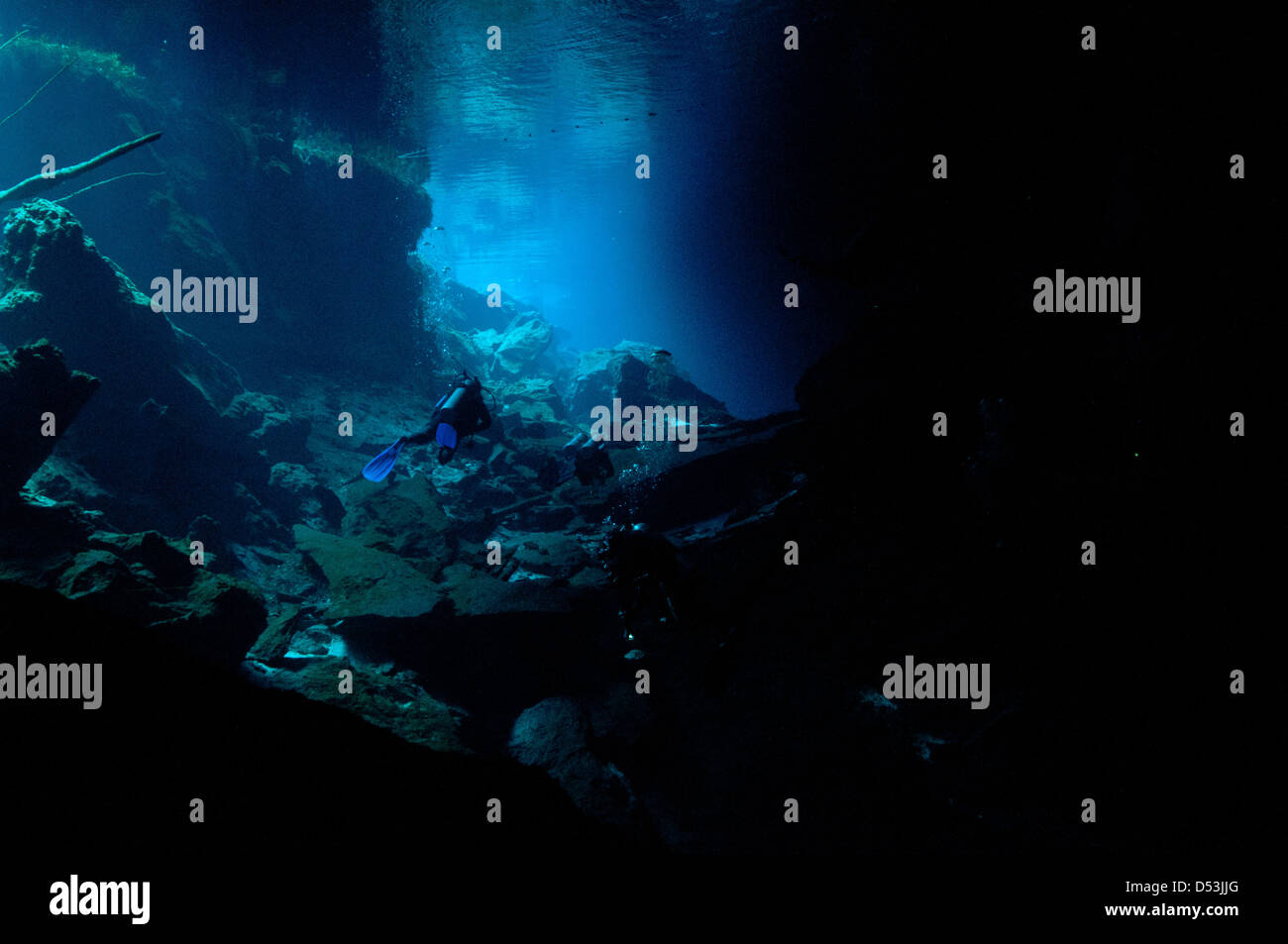 Cenote cave, rock formation underwater with ambient light and ...