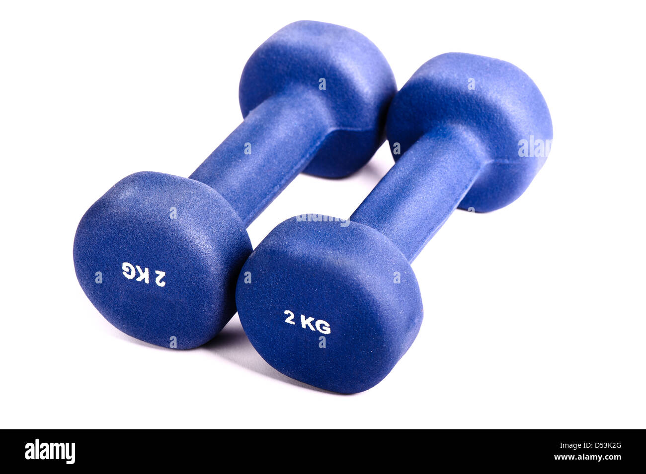 Two blue dumbbells isolated on a white background Stock Photo - Alamy