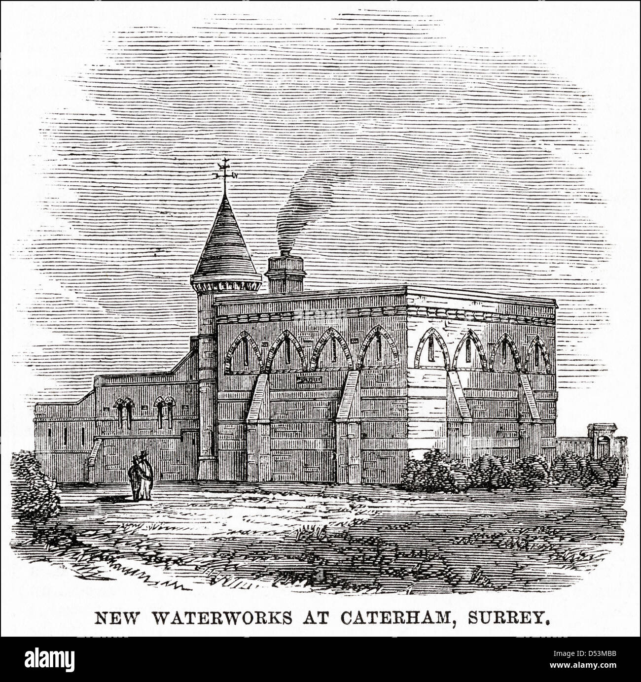 New waterworks at Caterham Surrey. Victorian woodcut engraving dated ...