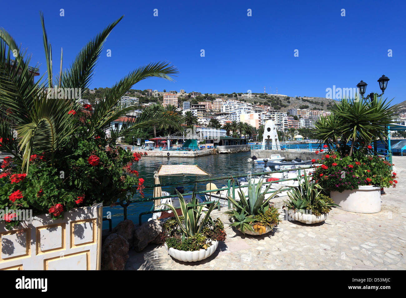 Summer view of the beach and promenade, Saranda Town, Albania, Europe ...