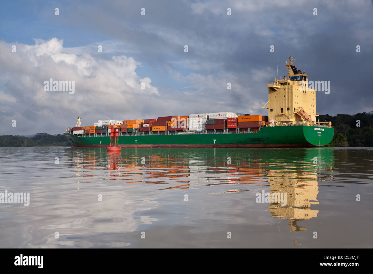 Container vessel in transit through the Panama Canal, Republic of ...