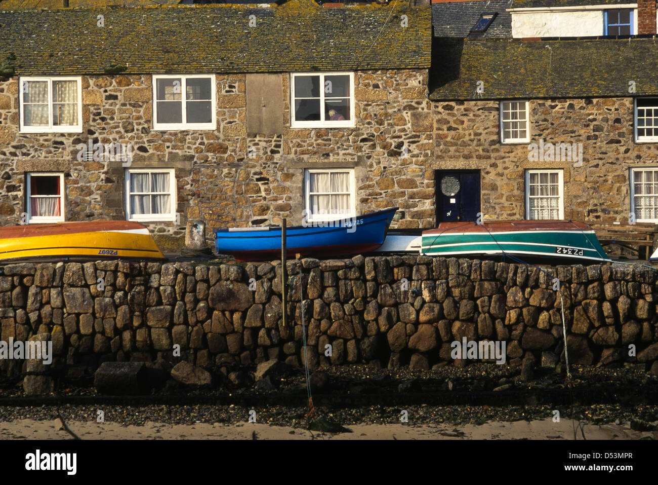 Cottages, boats and harbour wall, Mousehole, Cornwall Stock Photo - Alamy
