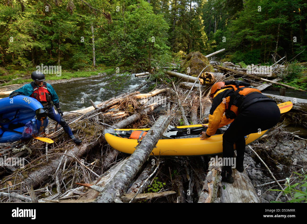 Carrying inflatable kayaks through and over a logjam on Oregon's South ...